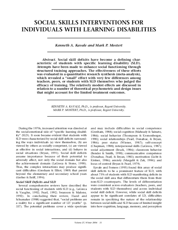 (PDF) Social Skills Interventions for Individuals with Learning Disabilities