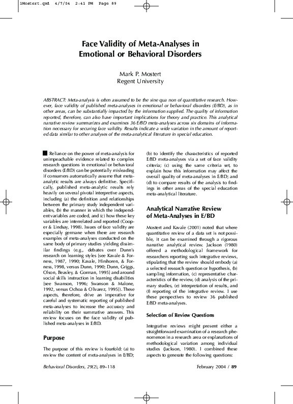 (PDF) Face Validity of Meta-Analyses in Emotional or Behavioral Disorders