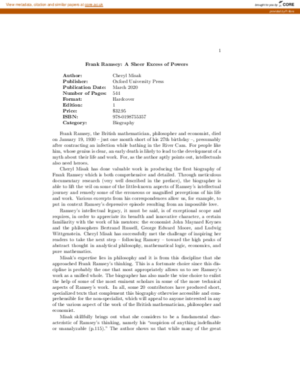 (PDF) Frank Ramsey: A Sheer Excess of Powers