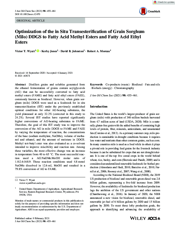 (PDF) Optimization of the in Situ Transesterification of Grain Sorghum ...
