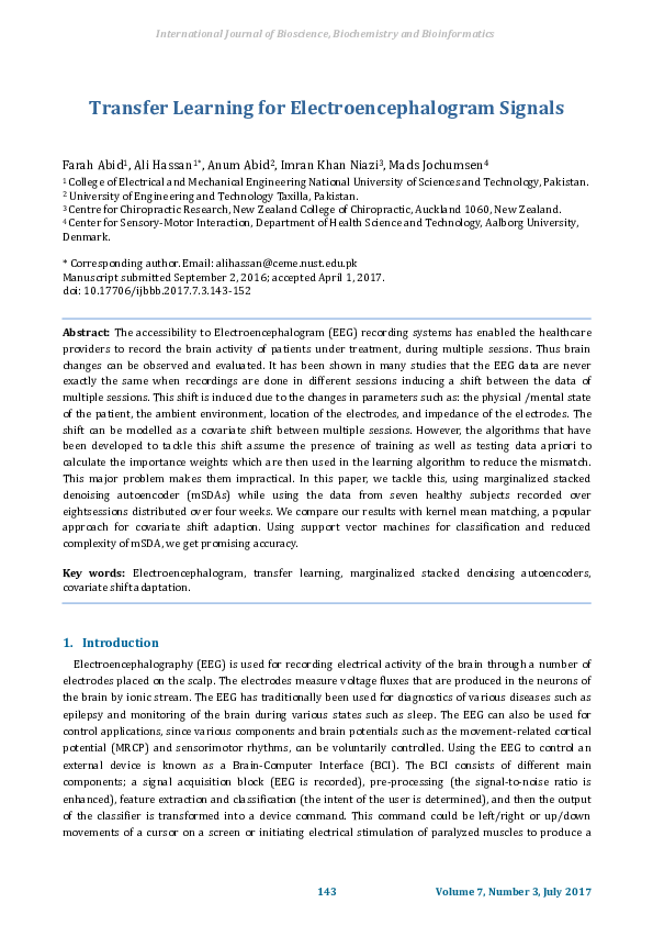 (PDF) Transfer Learning for Electroencephalogram Signals