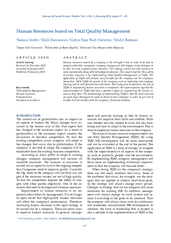 (PDF) Human Resources based on Total Quality Management