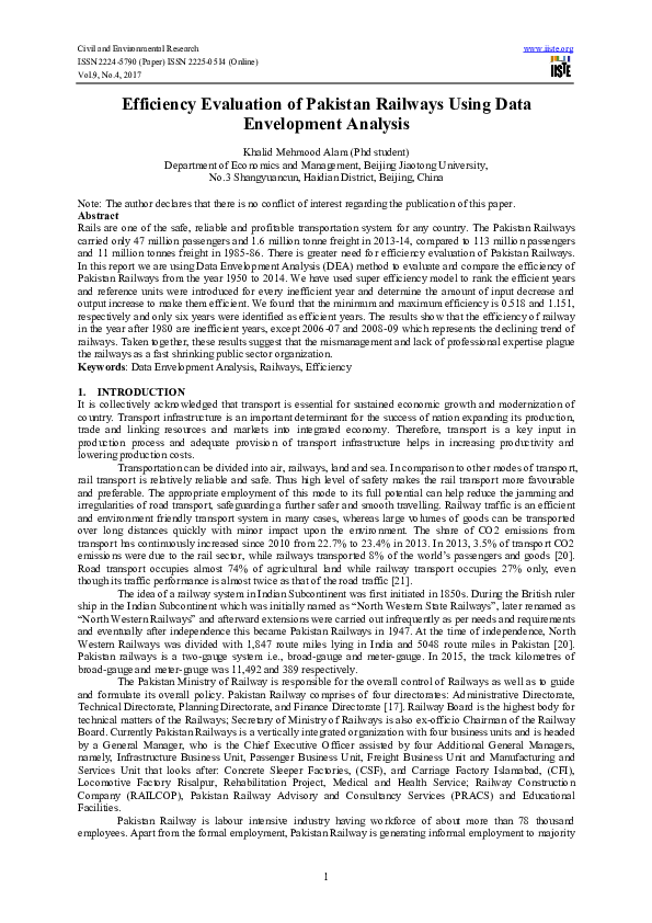 (PDF) Efficiency Evaluation of Pakistan Railways Using Data Envelopment Analysis