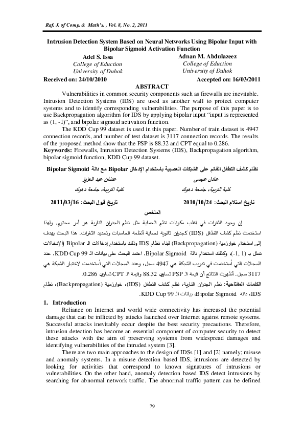 Pdf Intrusion Detection System Based On Neural Networks Using Bipolar Input With Bipolar 