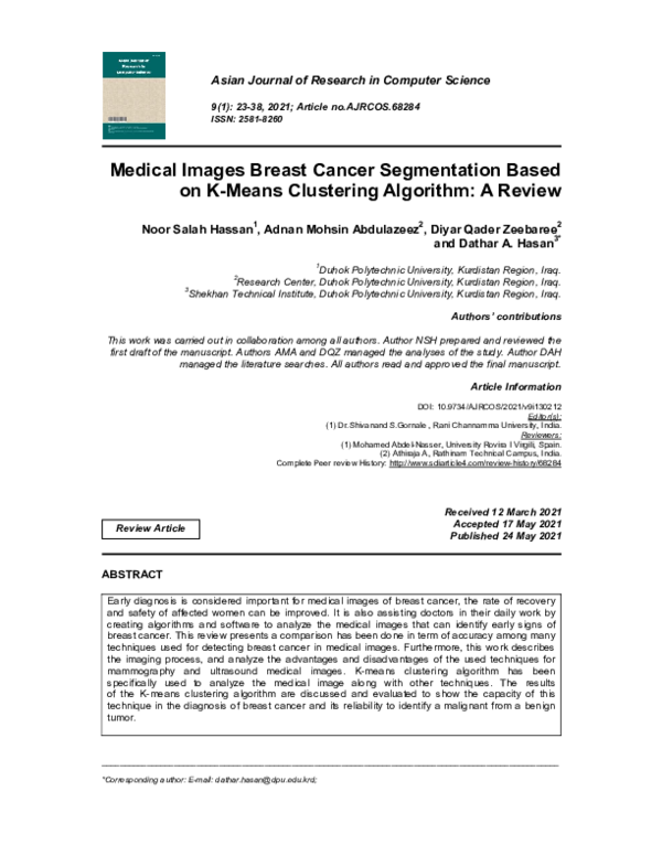Pdf Medical Images Breast Cancer Segmentation Based On K Means