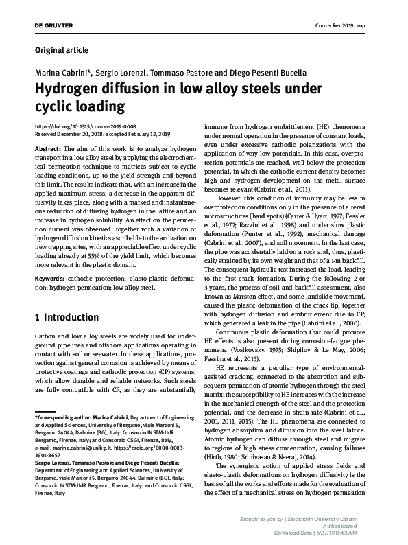 (PDF) Hydrogen diffusion in low alloy steels under cyclic loading