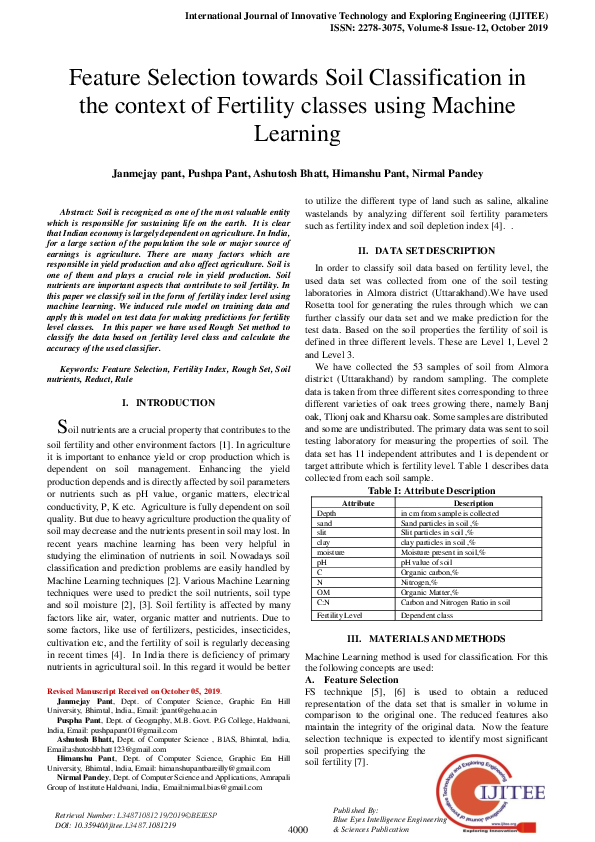(PDF) Feature Selection towards Soil Classification in the context of Fertility classes using ...