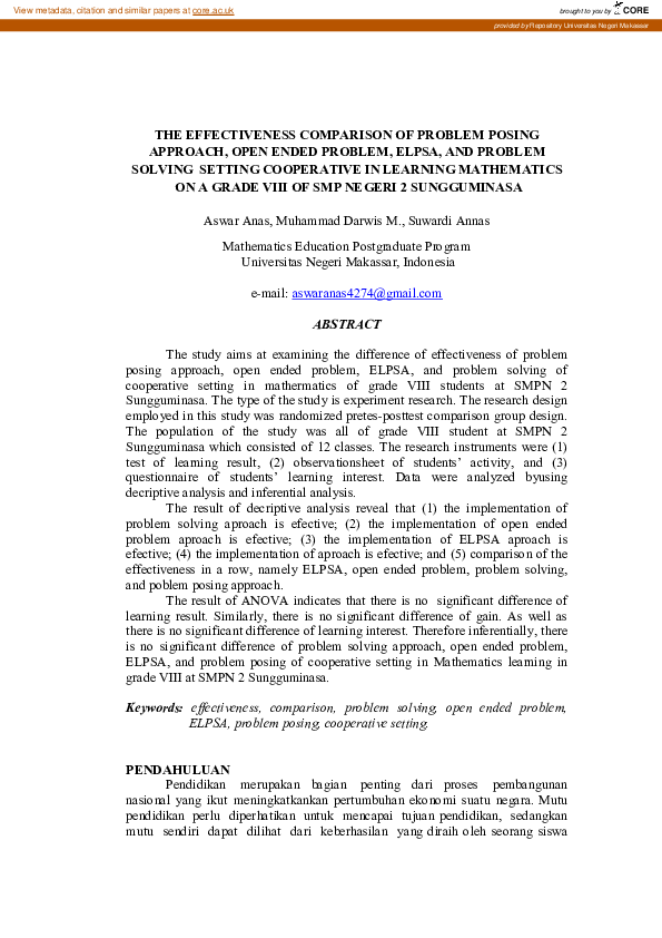 (PDF) Komparasi Keefektifan Pendekatan Problem Posing, Open Ended Problem, Elpsa, Dan Problem ...