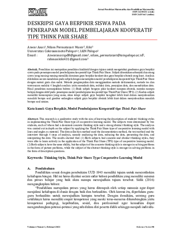 (PDF) Deskripsi Gaya Berpikir Siswa Pada Penerapan Model Pembelajaran Kooperatif Tipe Think Pair ...
