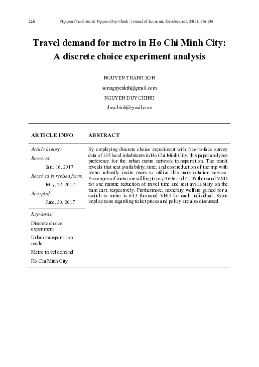 (PDF) Travel demand for metro in Ho Chi Minh City: A discrete choice experiment analysis