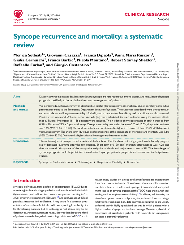 (PDF) Syncope recurrence and mortality: a systematic review