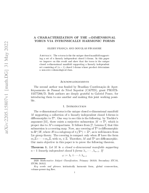 (PDF) A characterization of the n-dimensional torus via intrinsically harmonic forms