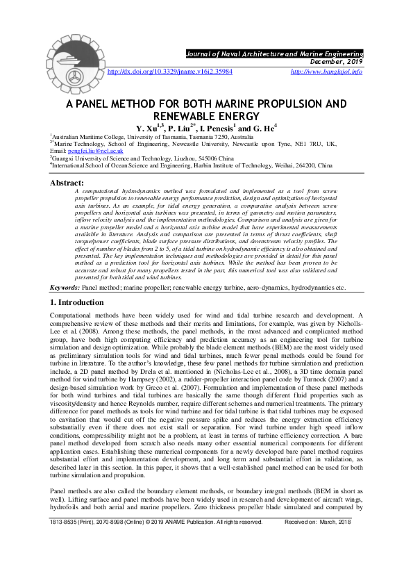 (PDF) A panel method for both marine propulsion and renewable energy