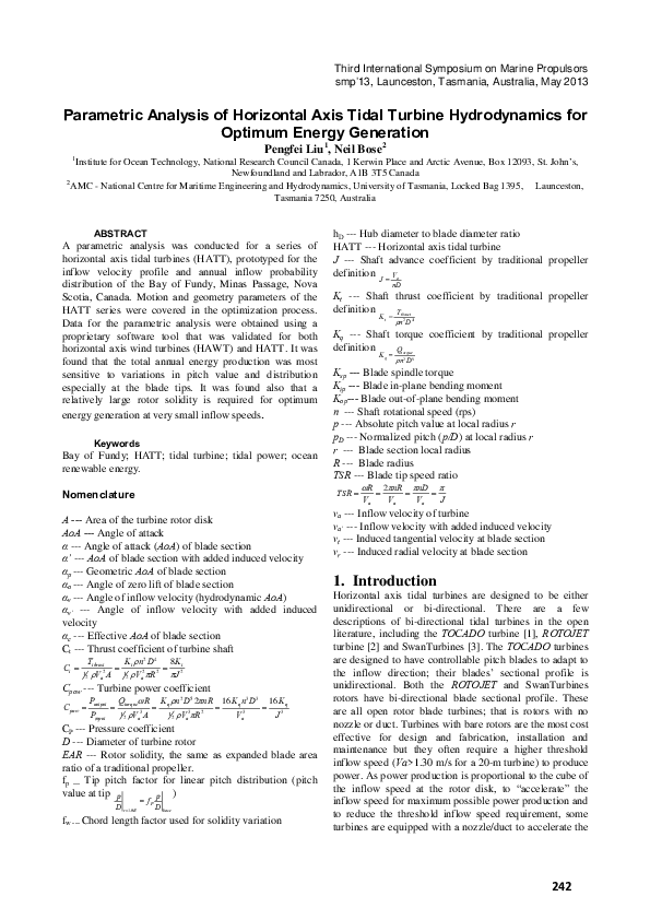 (PDF) Parametric Analysis of Horizontal Axis Tidal Turbine Hydrodynamics for Optimum Energy ...