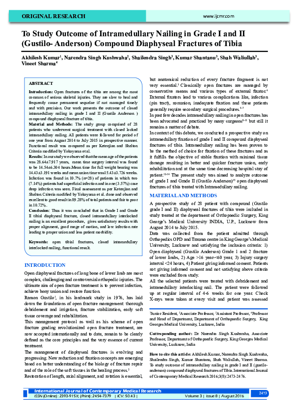 (PDF) To Study Outcome of Intramedullary Nailing in Grade I and II (Gustilo-Anderson) Compound ...