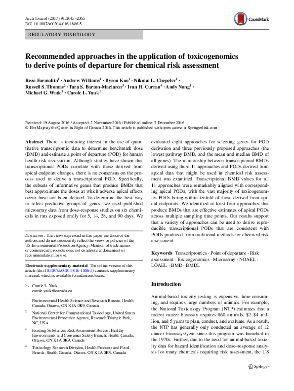 (PDF) Recommended approaches in the application of toxicogenomics to ...