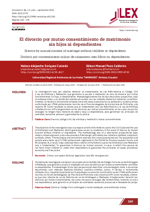 (PDF) El divorcio por mutuo consentimiento de matrimonio sin hijos ni ...