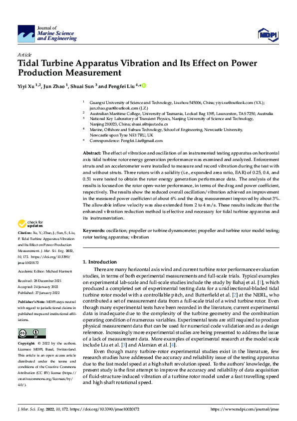 Pdf Tidal Turbine Apparatus Vibration And Its Effect On Power Production Measurement Pengfei