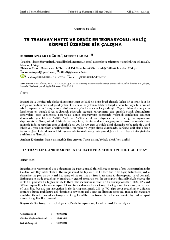 (PDF) T5 Tram Line and Marine Integration: A Study on the Hali̇ç Bay