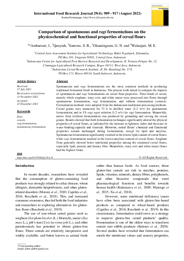 (PDF) Comparison of spontaneous and ragi fermentations on the physicochemical and functional ...