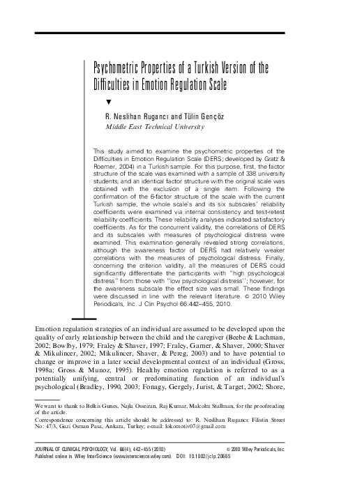 (PDF) Psychometric properties of a Turkish version of the difficulties in emotion regulation ...