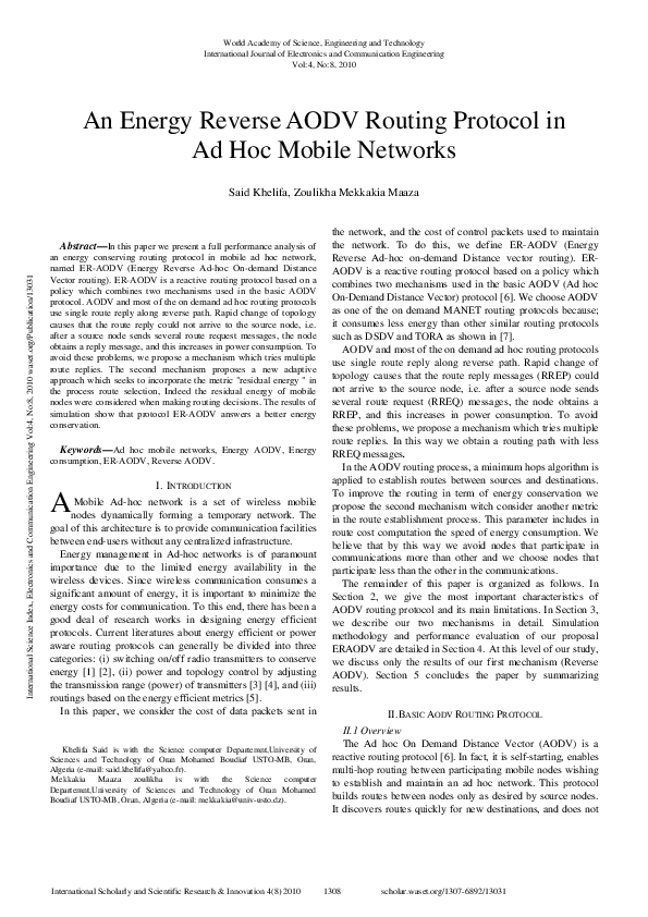 Pdf An Energy Reverse Aodv Routing Protocol In Ad Hoc Mobile Networks