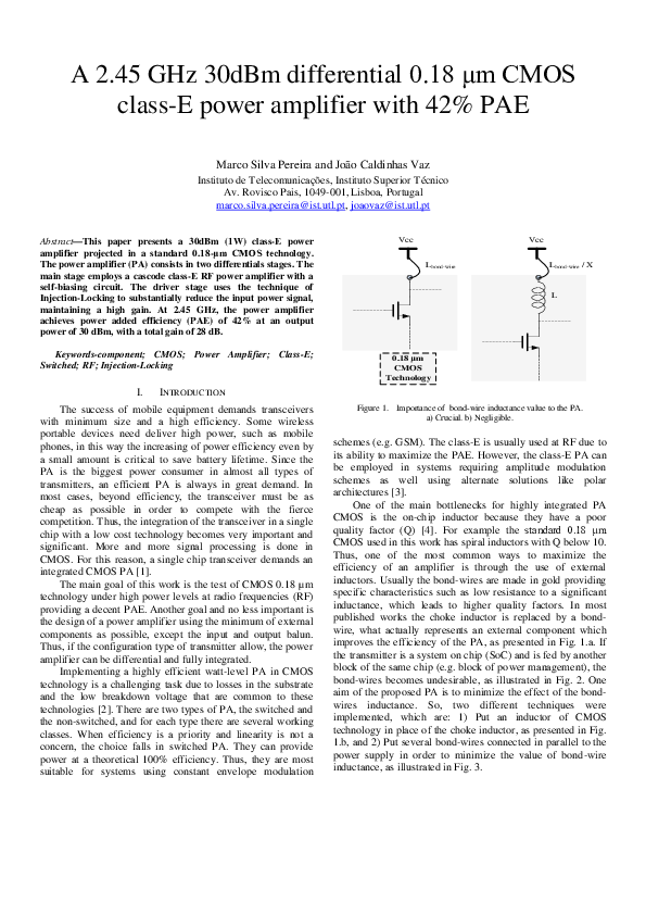 (PDF) A 2.45 GHz 30dBm differential 0.18 μm CMOS class-E power amplifier with 42% PAE