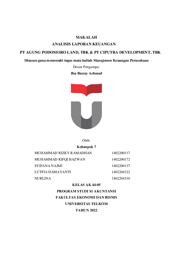 (PDF) ANALISIS LAPORAN KEUANGAN PT AGUNG PODOMORO LAND, TBK & PT CIPUTRA DEVELOPMENT, TBK ...