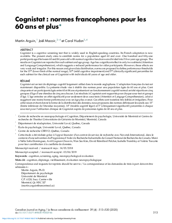 (PDF) Cognistat: normes francophones pour les 60 ans et plus