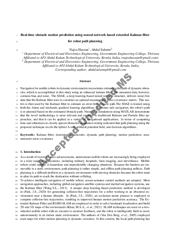 Pdf Real Time Obstacle Motion Prediction Using Neural Network Based Extended Kalman Filter For
