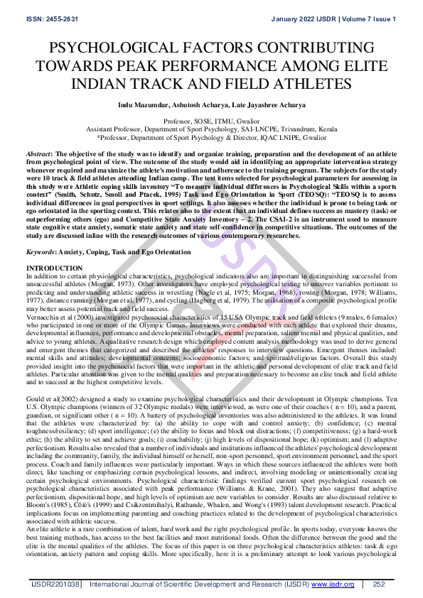 (PDF) PSYCHOLOGICAL FACTORS CONTRIBUTING TOWARDS PEAK PERFORMANCE AMONG ...