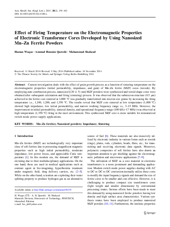 (PDF) Effect of Firing Temperature on the Electromagnetic Properties of Electronic Transformer ...