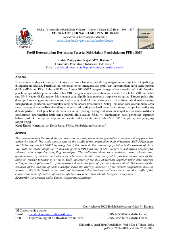 (PDF) Profil Keterampilan Kerjasama Peserta Didik dalam Pembelajaran PPKn SMP