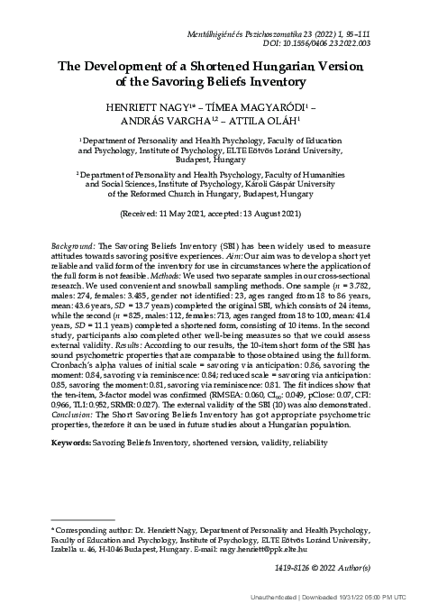 (PDF) The Development of a Shortened Hungarian Version of the Savoring ...