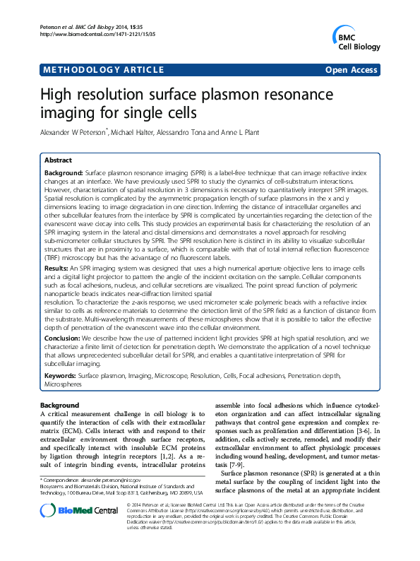 (PDF) High resolution surface plasmon resonance imaging for single cells