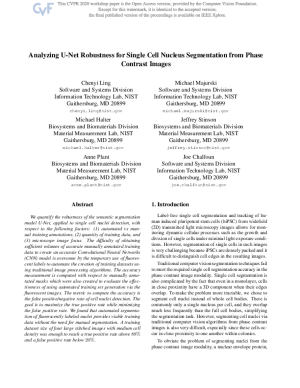 (PDF) Analyzing U-Net Robustness for Single Cell Nucleus Segmentation from Phase Contrast Images