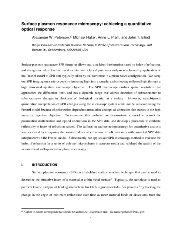 (PDF) Surface plasmon resonance microscopy: Achieving a quantitative ...