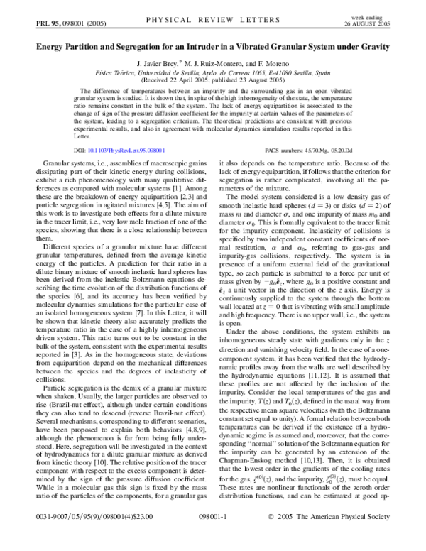 (PDF) Energy Partition and Segregation for an Intruder in a Vibrated Granular System under Gravity
