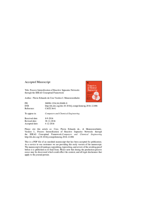 Pdf Process Intensification Of Reactive Separator Networks Through The Ideas Conceptual