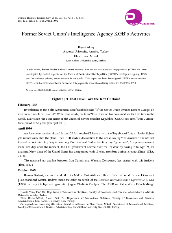 (PDF) Former Soviet Union's Intelligence Agency KGB's Activities