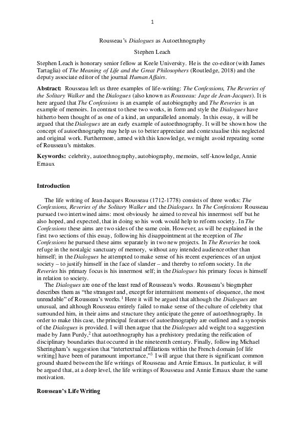 (PDF) Rousseau's Dialogues as Autoethnography [penultimate version]