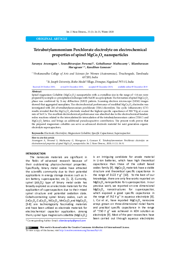 (PDF) Tetrabutylammonium Perchlorate electrolyte on electrochemical properties of spinel MgCo2O4 ...