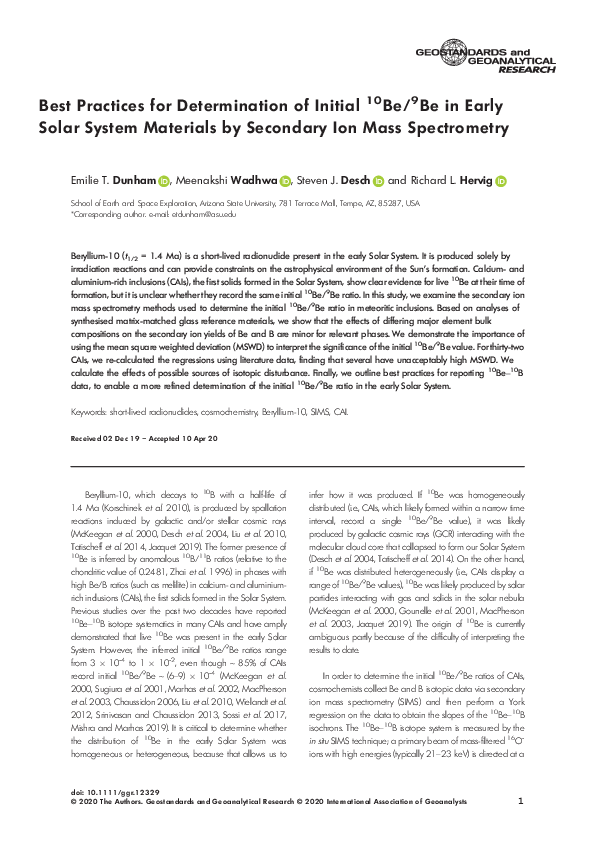 (PDF) Best Practices for Determination of Initial 10 Be/ 9 Be in Early ...