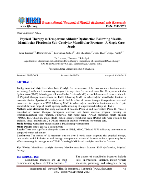 (PDF) Physical Therapy in Temporomandibular Dysfunction Following Maxillo–Mandibular Fixation in ...