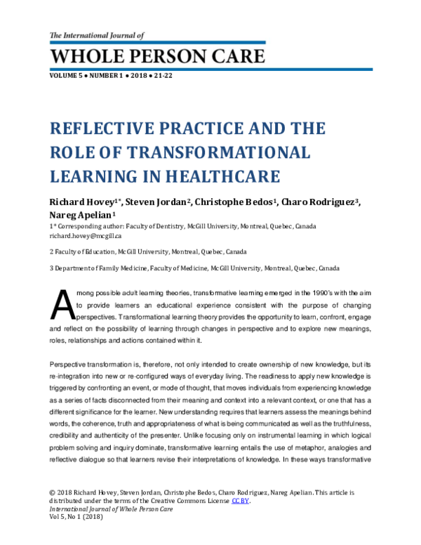 (PDF) Reflective practice and the role of transformational learning in ...