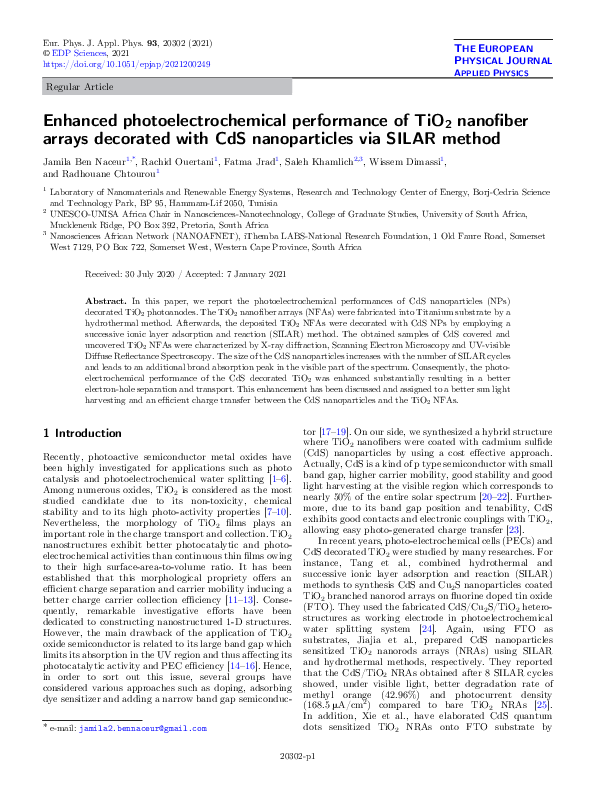 (PDF) Enhanced photoelectrochemical performance of TiO2 nanofiber arrays decorated with CdS ...