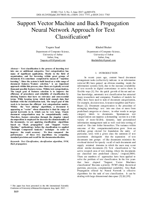 (PDF) Support Vector Machine and Back Propagation Neural Network Approach for Text Classification