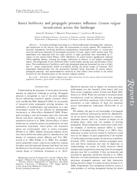 (PDF) Insect herbivory and propagule pressure influence Cirsium vulgare ...