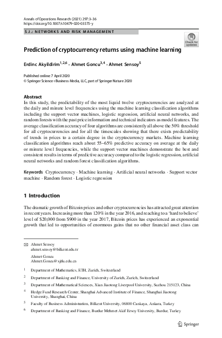 Pdf Prediction Of Cryptocurrency Returns Using Machine Learning