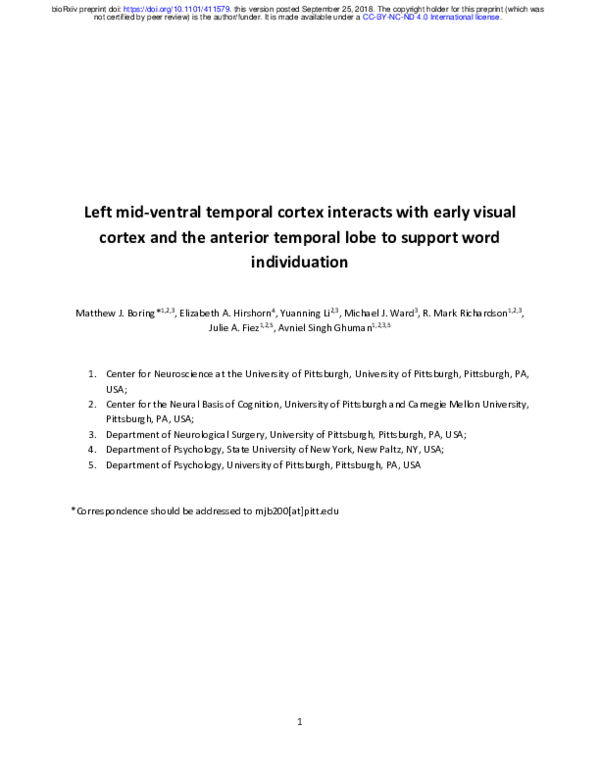 Pdf Left Mid Ventral Temporal Cortex Interacts With Early Visual Cortex And The Anterior